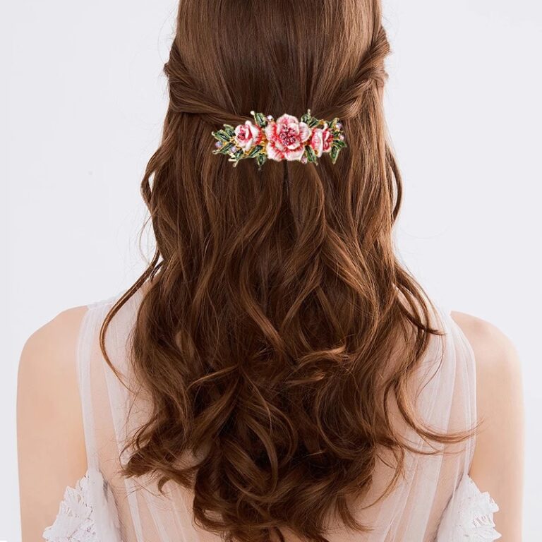 Silver Coconut » Enameled Metal Painted Roses Barrette Large